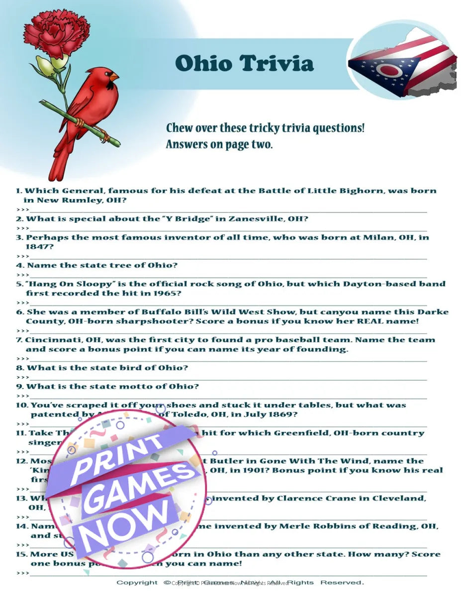 Printable Ohio Party Trivia Game — Print Games Now