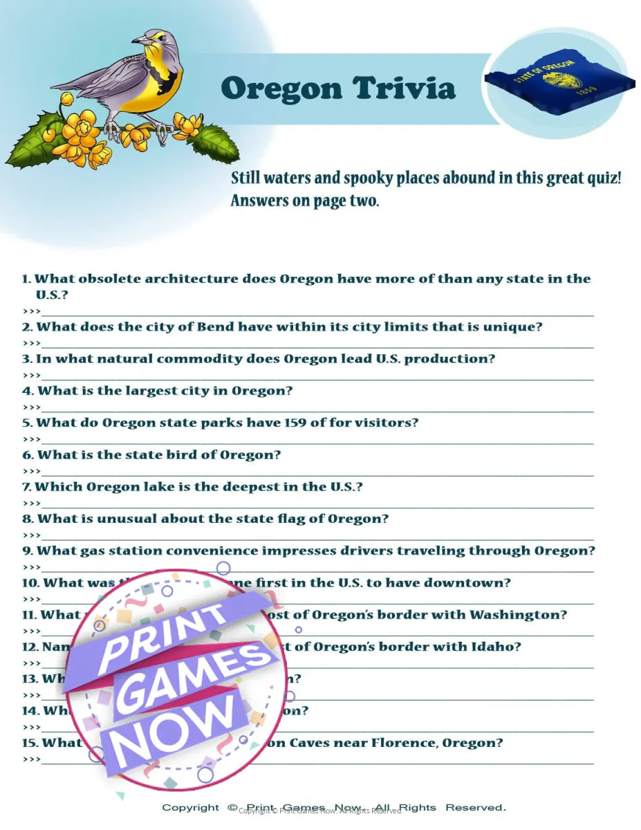 Printable Oregon Party Trivia Game — Print Games Now