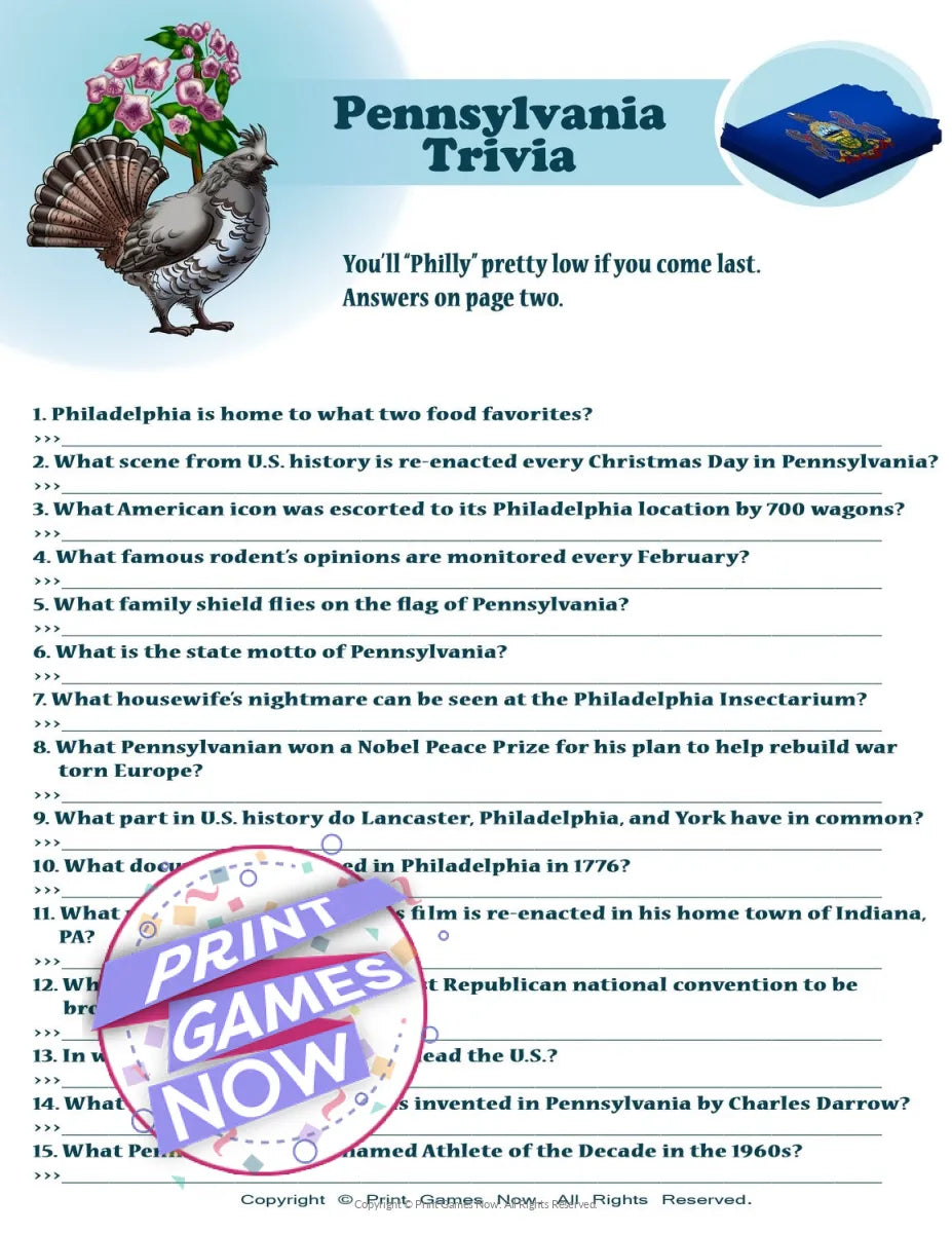 Printable Pensylvania Party Trivia Game — Print Games Now