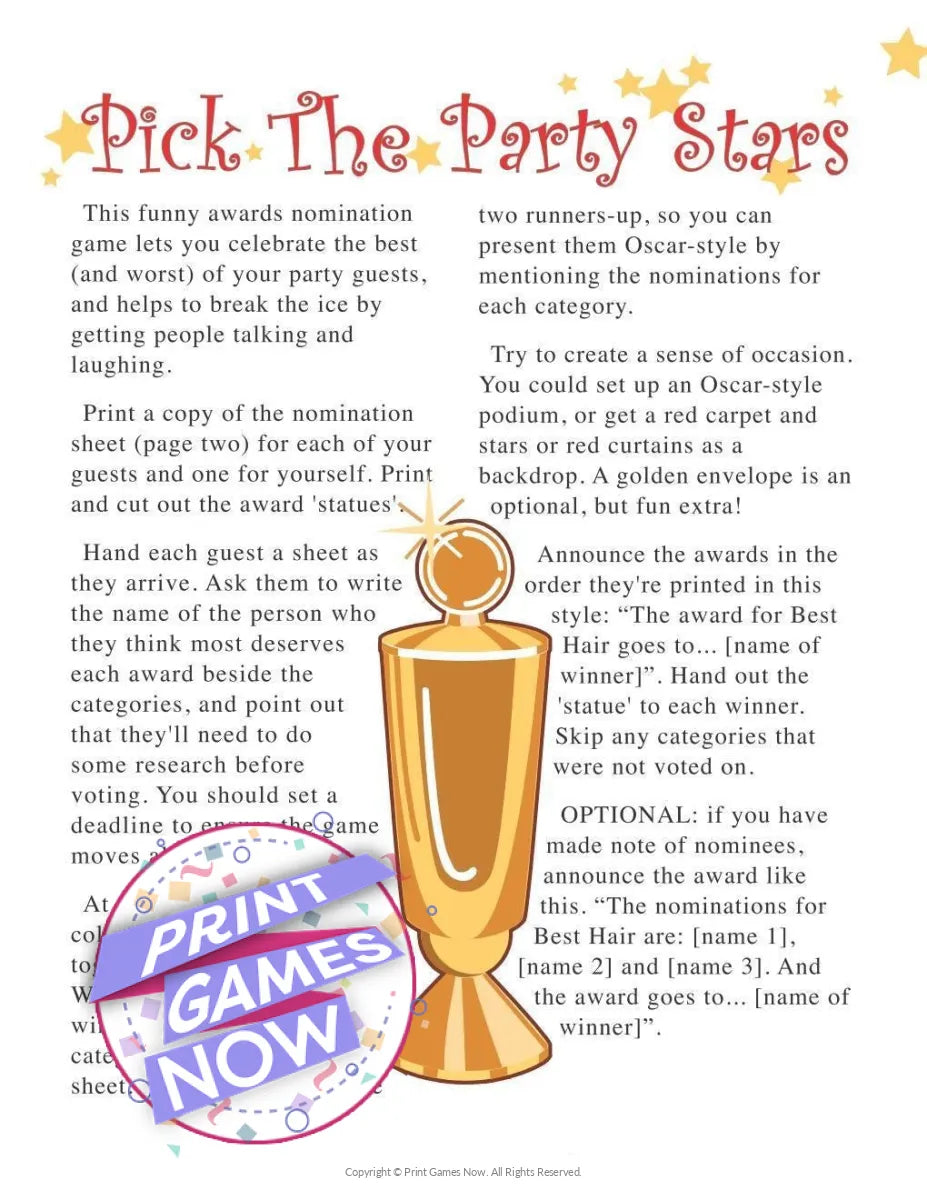 Printable Pick The Party Stars Party Game — Print Games Now