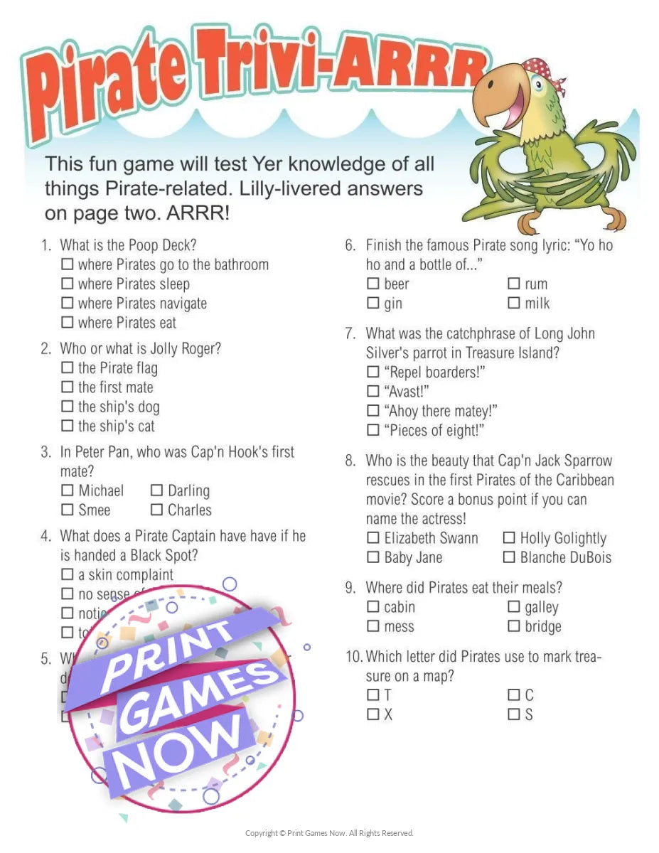 Printable Pirate Party Pirate Trivi-ARRR Party Game — Print Games Now