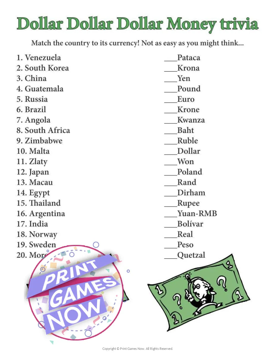 Printable Pop Culture Currency Trivia Party Game — Print Games Now