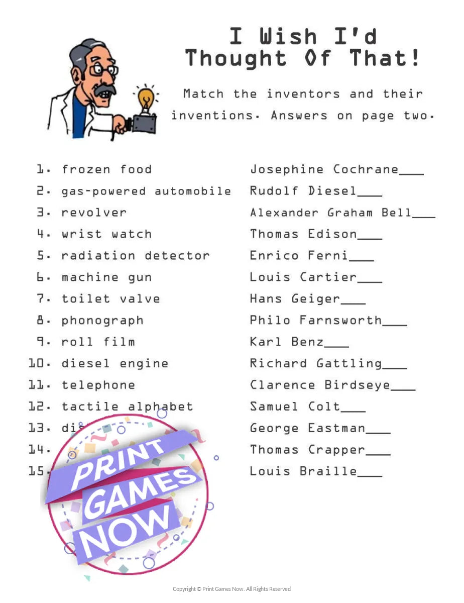 Printable Pop Culture Inventor Name Trivia Party Game — Print Games Now