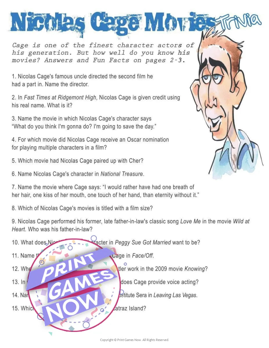 Printable Pop Culture Nicolas Cage Movies Trivia Party Game — Print ...