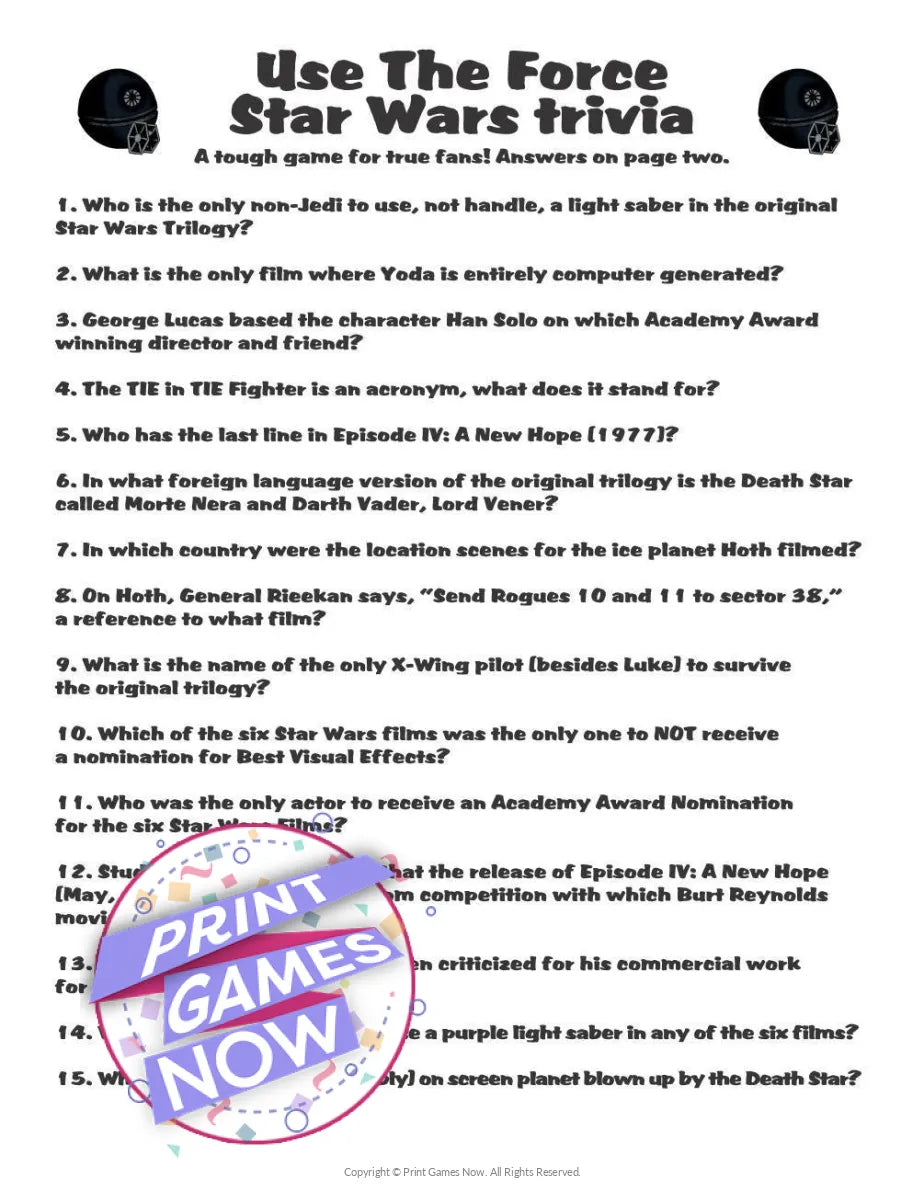 Printable Pop Culture Star Wars Use The Force Trivia Party Game — Print ...