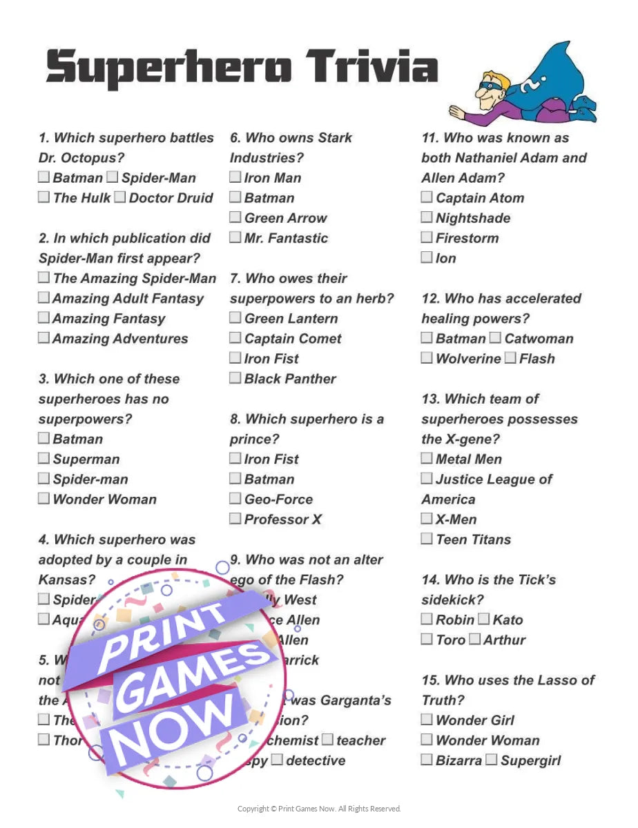 Printable Pop Culture Superhero Trivia Party Game — Print Games Now