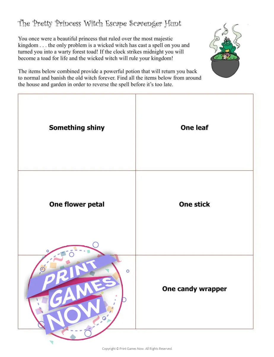 Printable Princess Witch Scavenger Hunt Party Game — Print Games Now