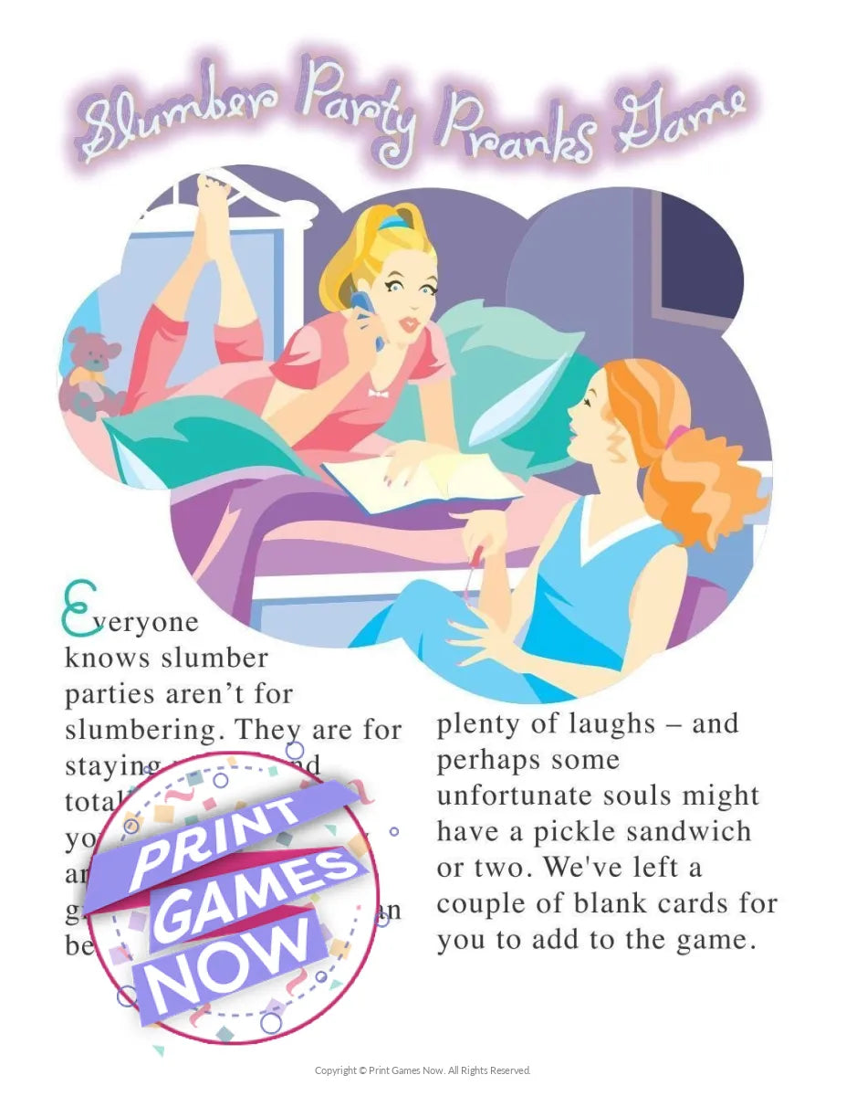 Printable Slumber Party Pranks Party Game — Print Games Now