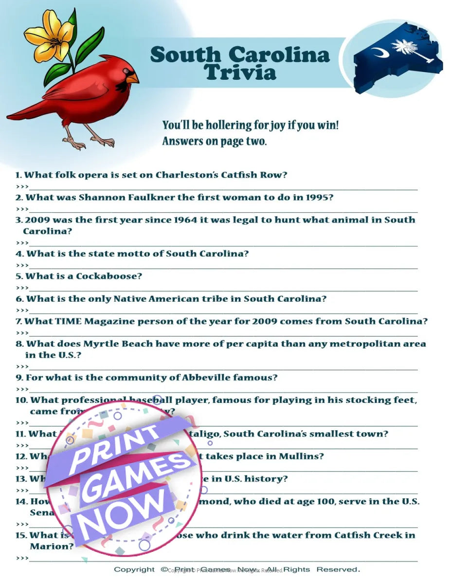 Printable South Carolina Party Trivia Game — Print Games Now