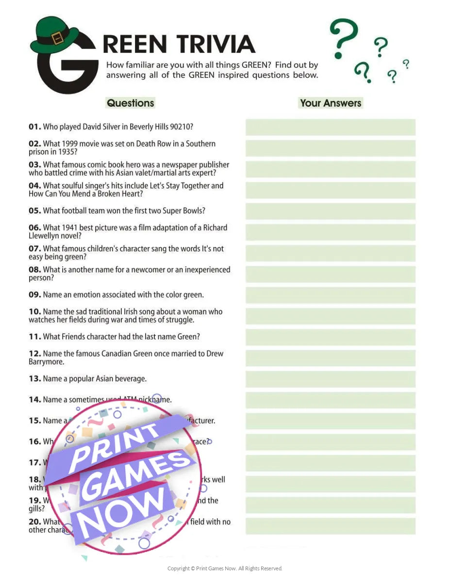 Printable St Patrick's Day Green Trivia Party Game — Print Games Now