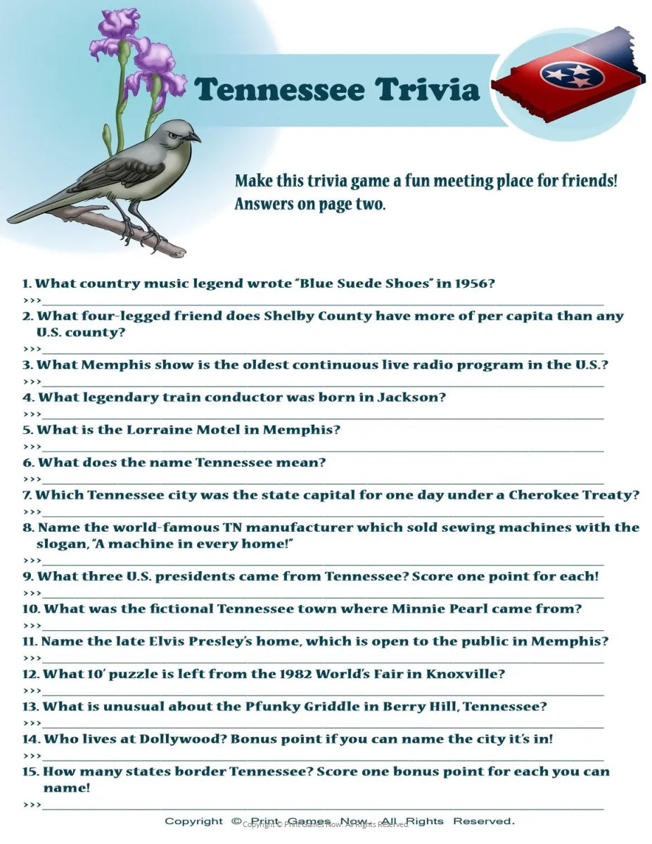 Printable Tennessee Party Trivia Game — Print Games Now