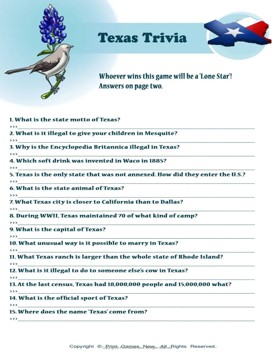Printable Texas Party Trivia Game — Print Games Now