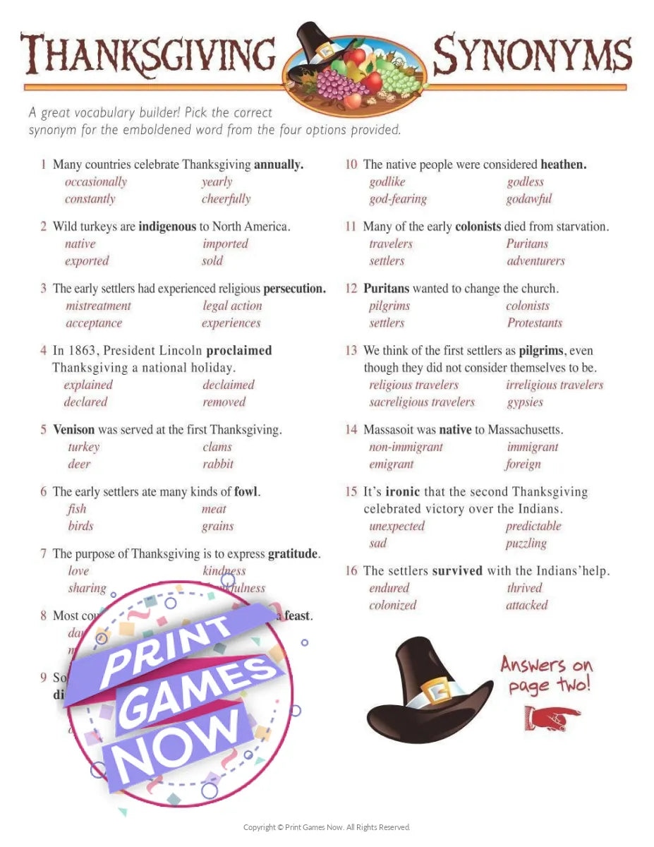 Printable Thanksgiving Synonyms Party Game — Print Games Now