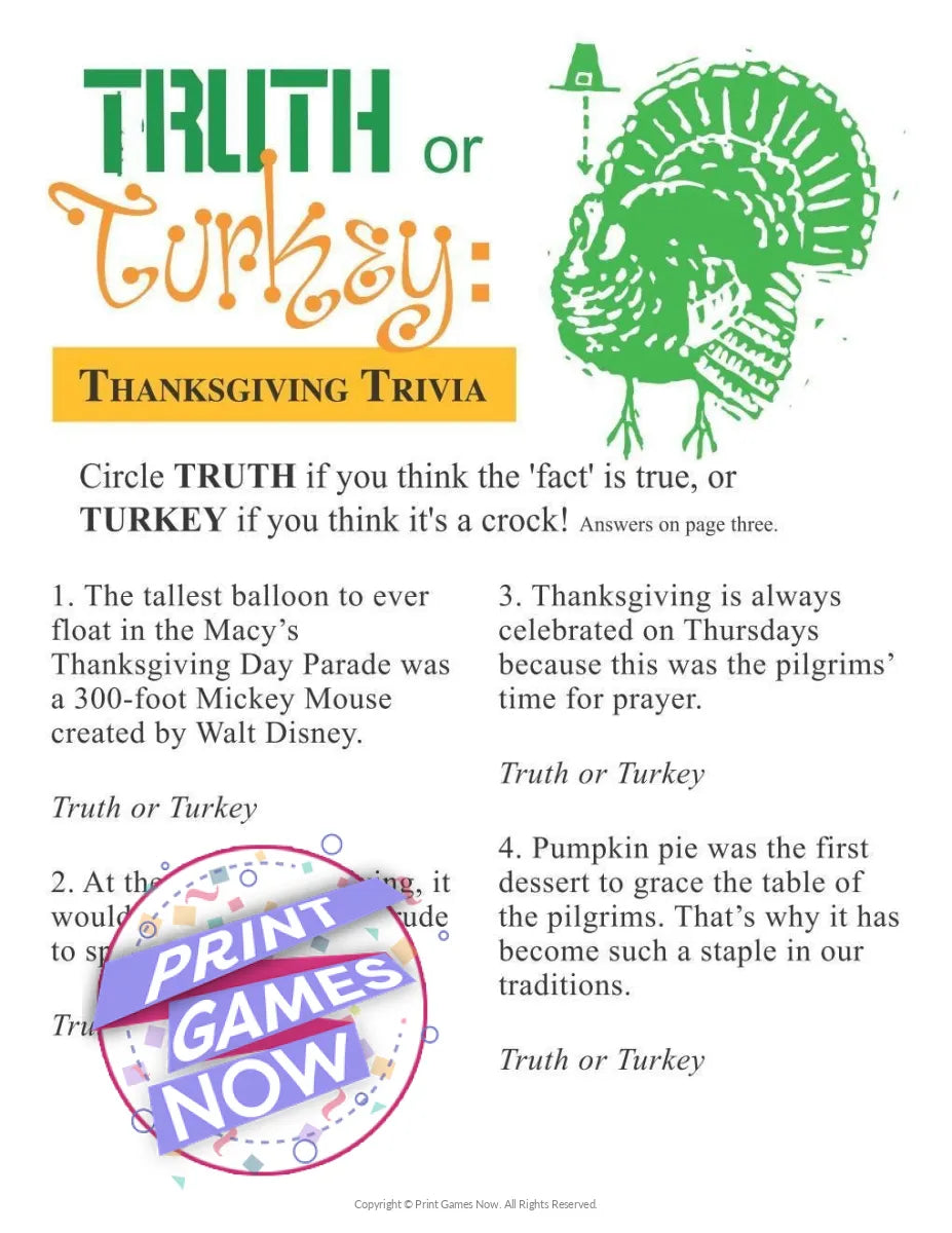 Printable Thanksgiving Truth or Turkey? Trivia Party Game — Print Games Now
