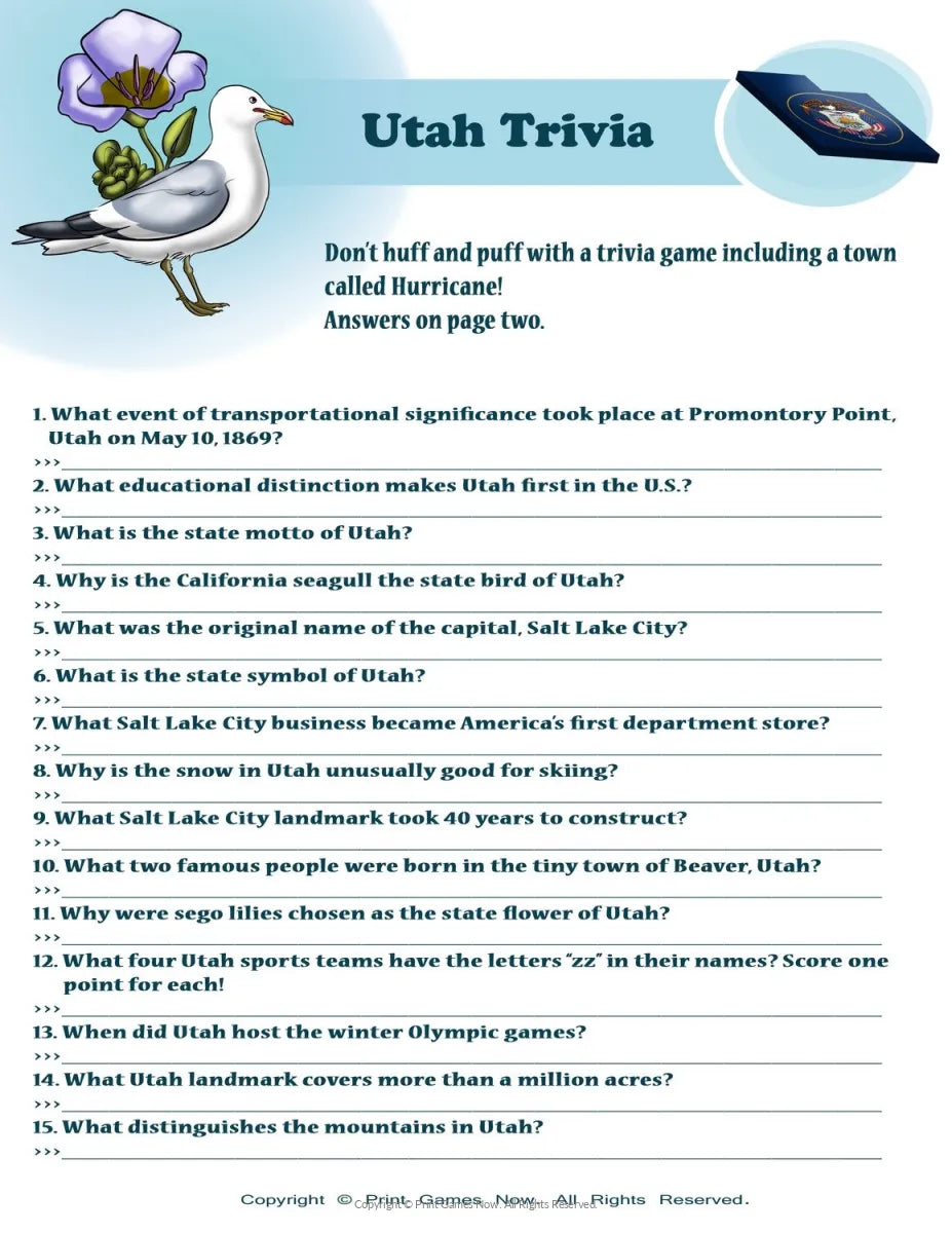 Printable Utah Party Trivia Game — Print Games Now