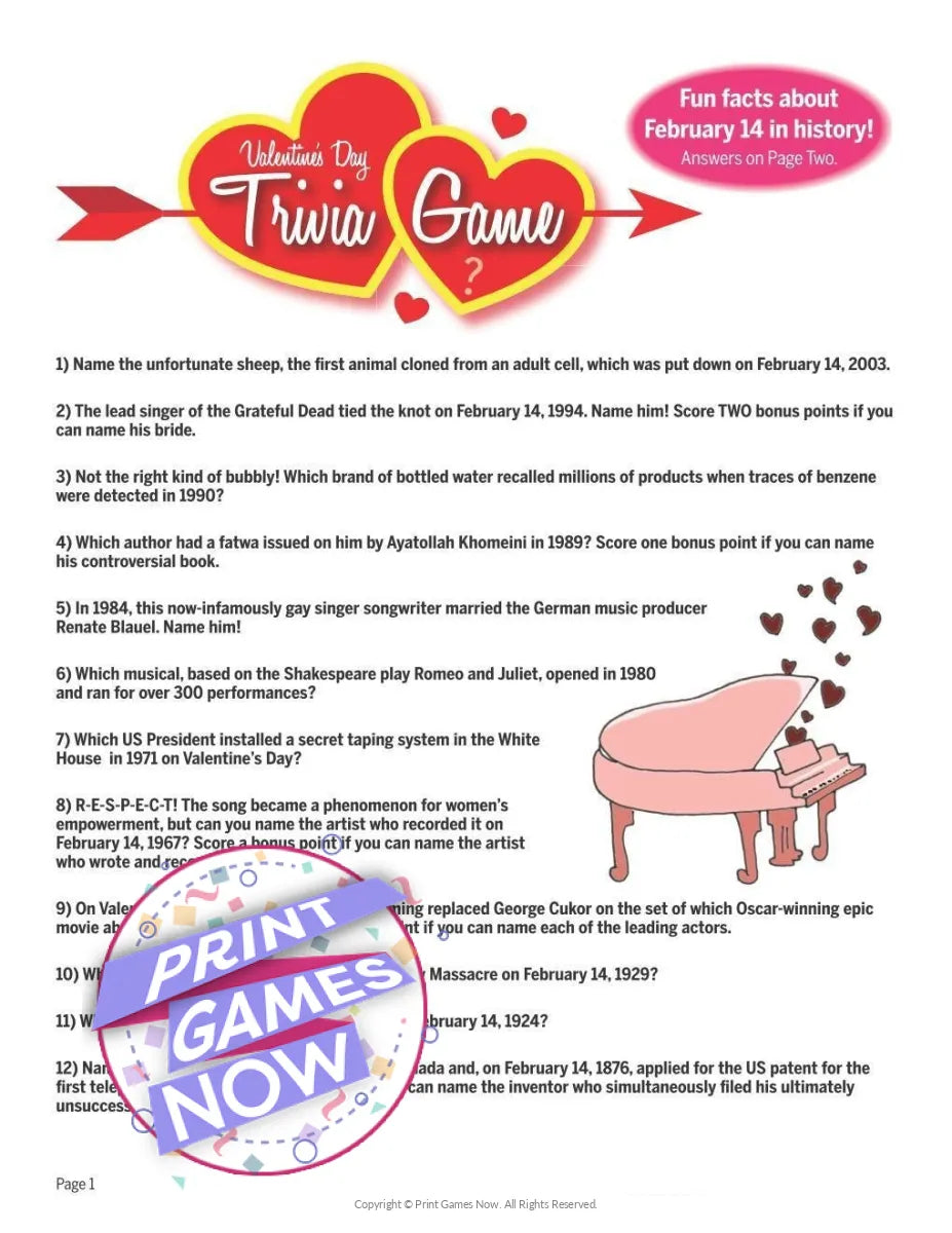 Printable Valentines Day Trivia Ii Party Game — Print Games Now