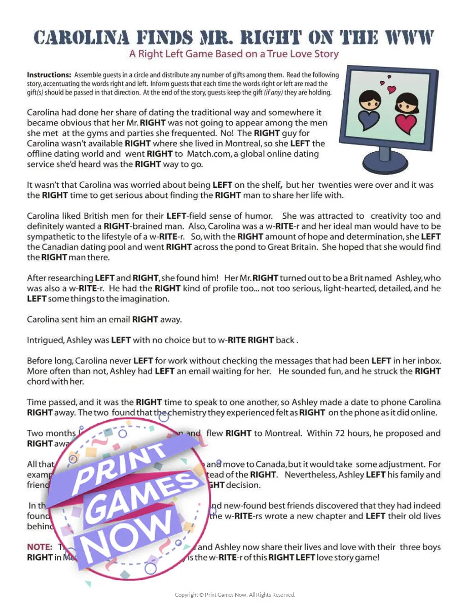Printable Wedding Online Love Left Right Party Game — Print Games Now