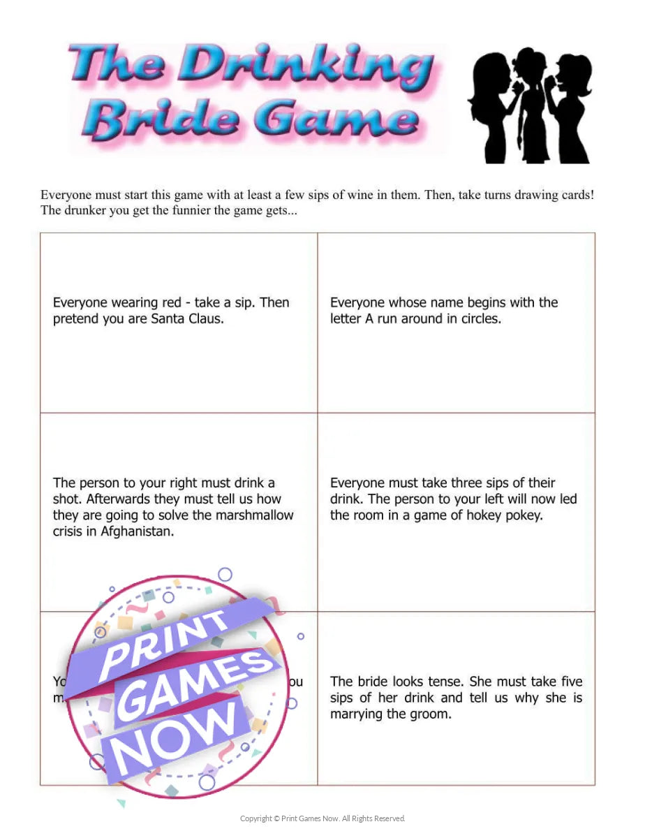 Printable Wedding The Drinking Bride Party Game — Print Games Now