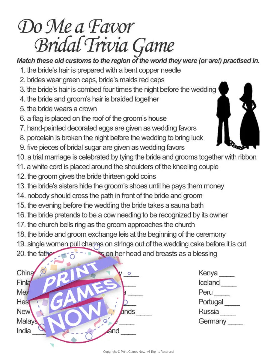 Printable Wedding Trivia Do Me A Favor Party Game — Print Games Now