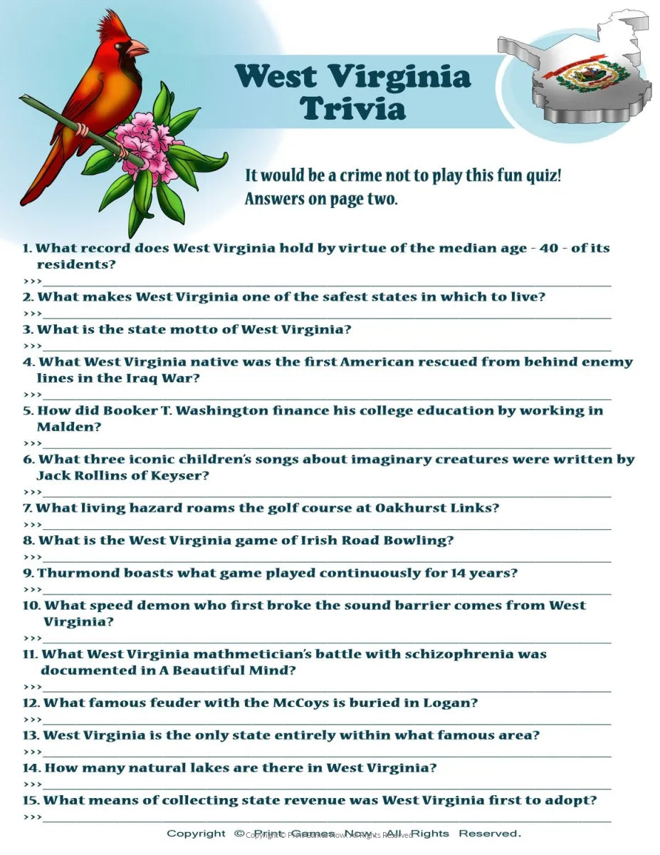 Printable West Virginia Party Trivia Game — Print Games Now