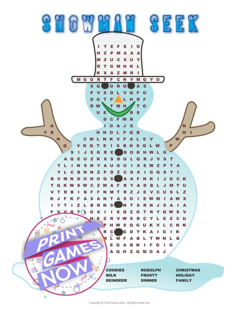 Printable Winter Snowman Seek Word Search Party Game — Print Games Now